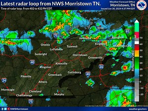 Latest radar loop from NWS Morristown. Showers and thunderstorms moving southeast across SW Virginia and NE Tennessee. Some gusty winds and small hail. Also dangerous lightning and locally heavy rainfall. | US National Weather Service Morristown Tennessee