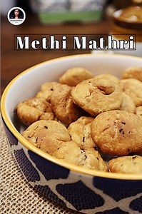 Methi Mathri is a popular Indian snack that combines the flavors of fenugreek (methi) leaves with a crispy, savory pastry made from a blend of flours and spices. Ingredients: For the Mathri: - 1 cup Maida (All-purpose flour) - ¼ cup Atta (Whole wheat flour) - 1 tsp Besan (Gram flour) - Salt, to taste - 2 tbsp Ghee (Clarified butter) - ¼ tsp Crushed coriander seeds - A pinch of Baking soda - A pinch of Baking powder - 1 tbsp Kasuri Methi (Dried fenugreek leaves) - ¼ tsp Ajwain (Carom seeds) - Chi